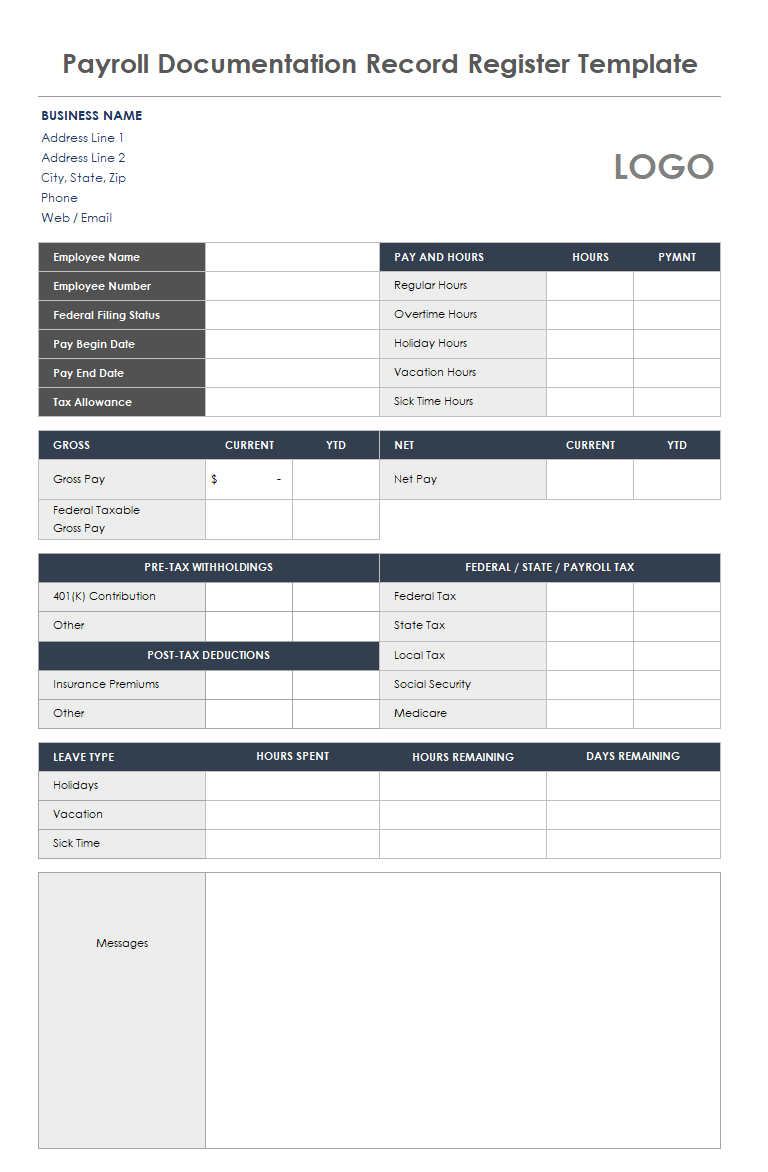 Payroll Documentation Record Template | Free Payslip Templates